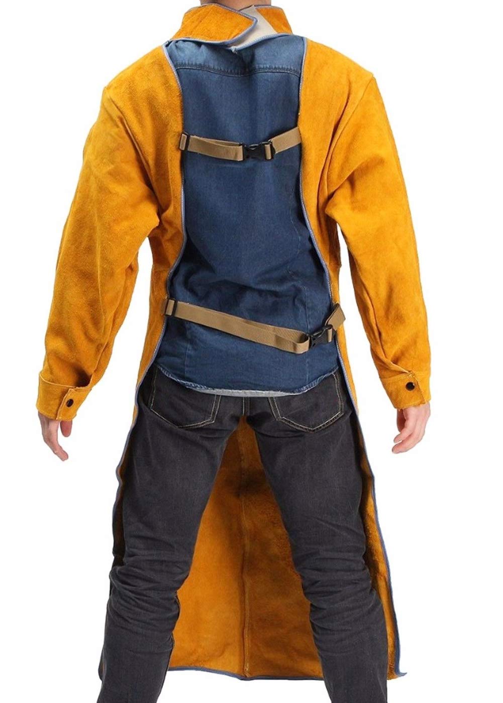 Jewboer Leather Welding Apron with Sleeve,Heavy Duty Welding Jacket,Heat Flame Resistant Weld Coat for Men Women,L