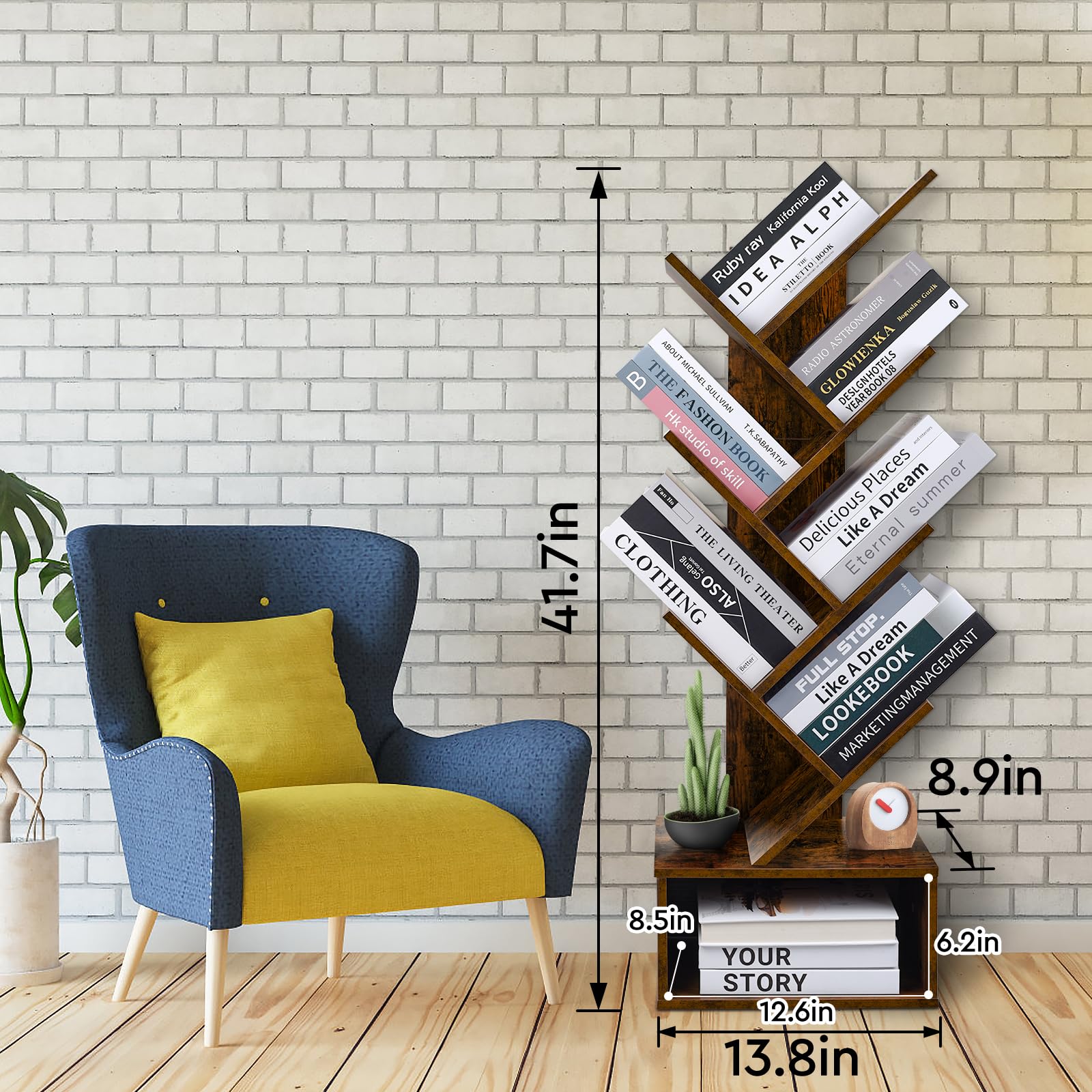 Luckyeestar 6 Tier Tree Bookshelf, Retro Floor-Standing 6 Shelf Bookcase Storage Rack, Wooden Storage Rack Modern Bookshelf, Put Books, Photo Albums, Magazines, CD( Rustic Walnut)