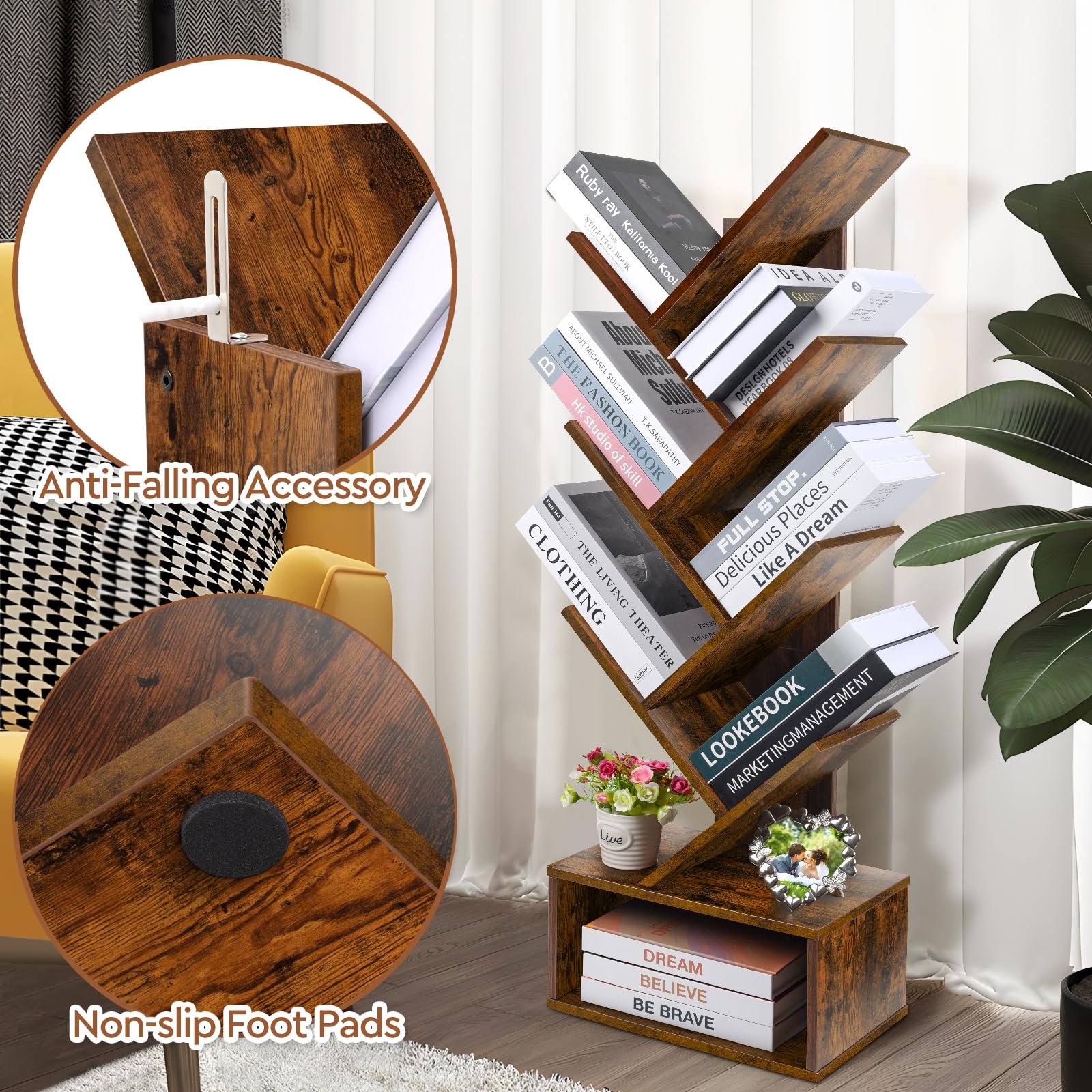 Luckyeestar 6 Tier Tree Bookshelf, Retro Floor-Standing 6 Shelf Bookcase Storage Rack, Wooden Storage Rack Modern Bookshelf, Put Books, Photo Albums, Magazines, CD( Rustic Walnut)