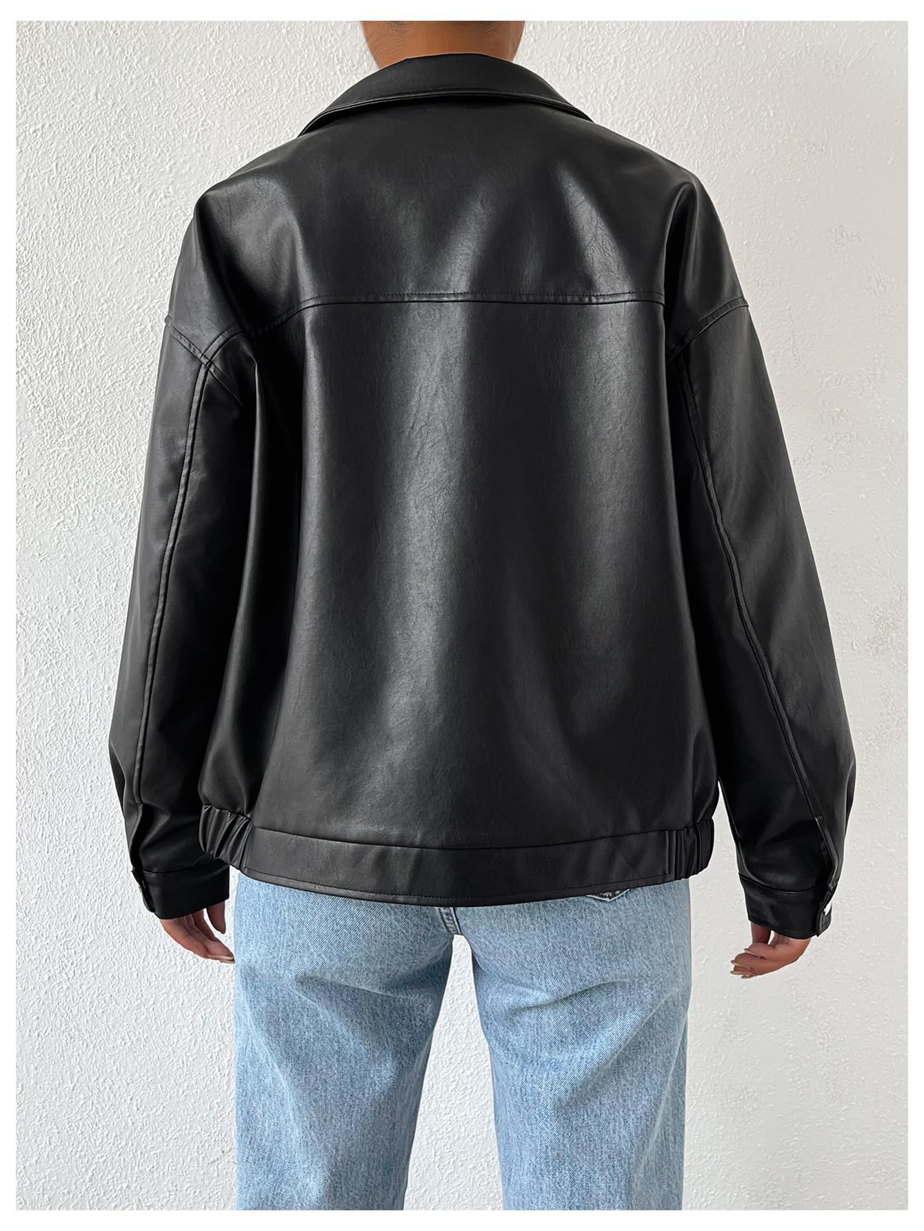 MakeMeChic Women's Faux Leather Shacket Long Sleeve Zip Up Motorcycle Jacket Biker Coat Zip Black S