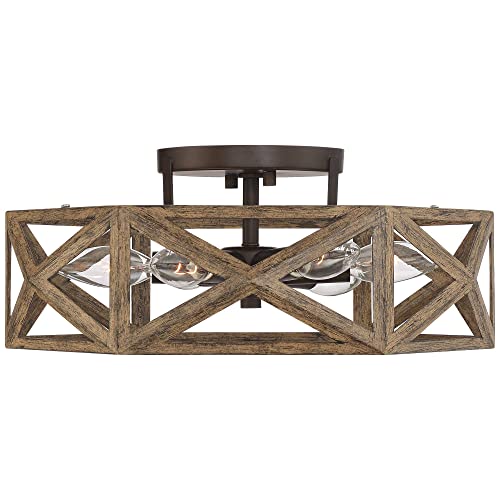 Possini Euro Design Moorcroft Rustic Farmhouse Ceiling Light Semi Flush-Mount Fixture 14 1/2" Wide Dark Wood Oil Rubbed Bronze 6-Light Open Hexagon Frame for Bedroom Kitchen Living Room Hallway