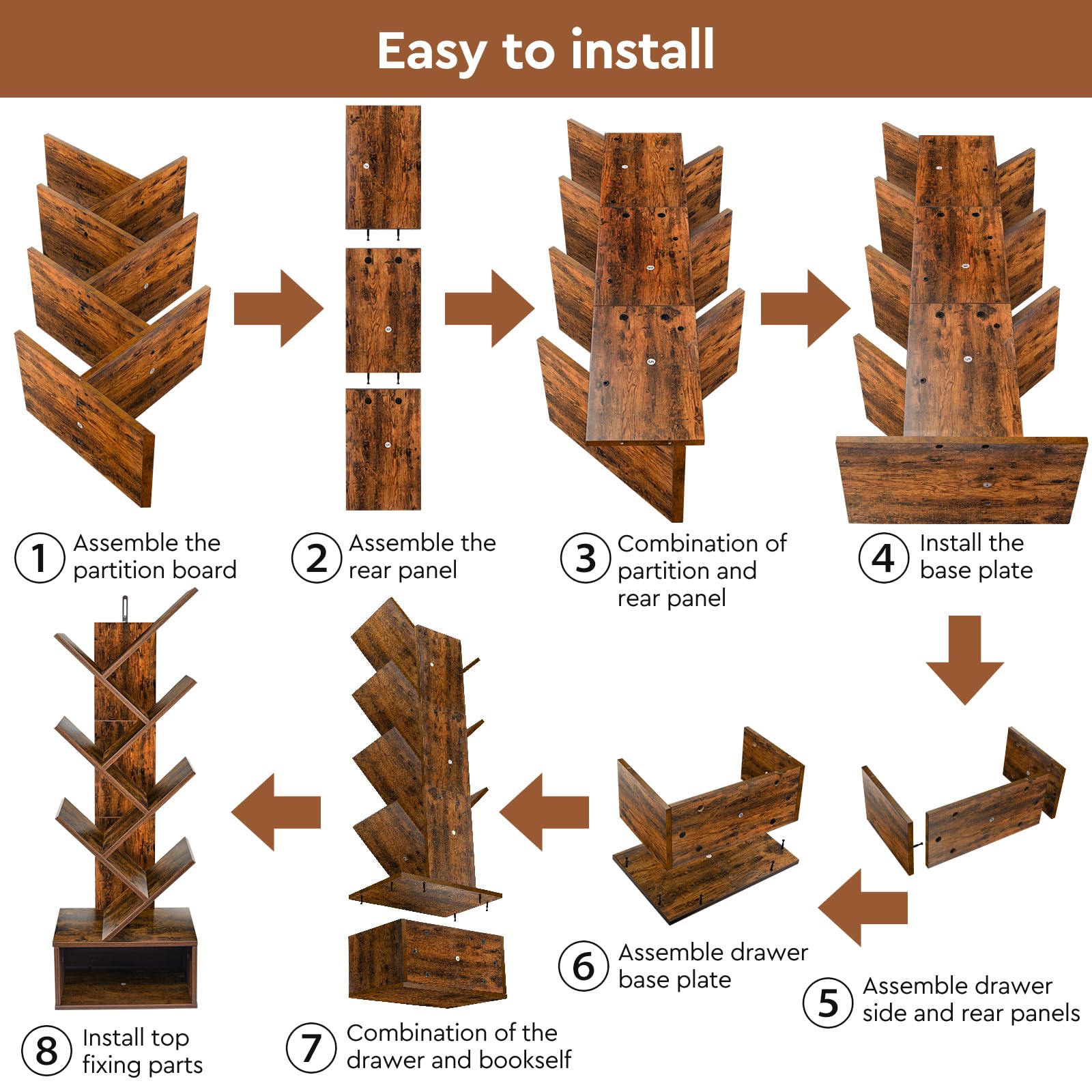 Luckyeestar 6 Tier Tree Bookshelf, Retro Floor-Standing 6 Shelf Bookcase Storage Rack, Wooden Storage Rack Modern Bookshelf, Put Books, Photo Albums, Magazines, CD( Rustic Walnut)