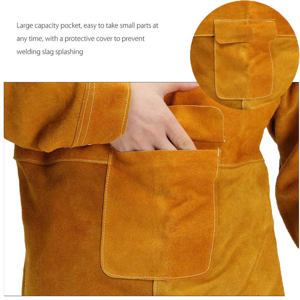 Jewboer Leather Welding Apron with Sleeve,Heavy Duty Welding Jacket,Heat Flame Resistant Weld Coat for Men Women,L
