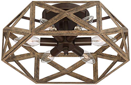 Possini Euro Design Moorcroft Rustic Farmhouse Ceiling Light Semi Flush-Mount Fixture 14 1/2" Wide Dark Wood Oil Rubbed Bronze 6-Light Open Hexagon Frame for Bedroom Kitchen Living Room Hallway
