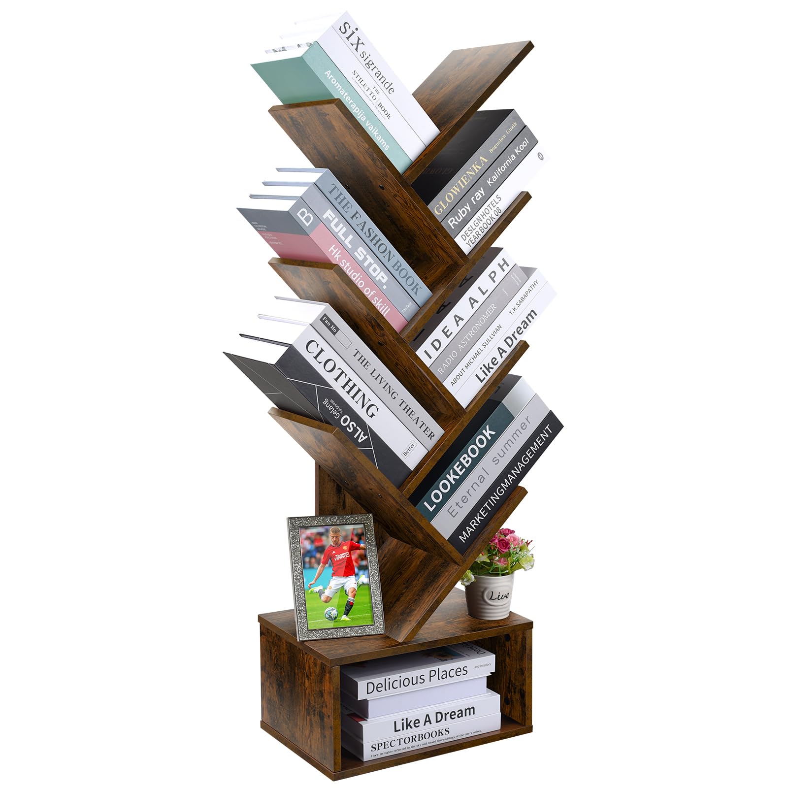 Luckyeestar 6 Tier Tree Bookshelf, Retro Floor-Standing 6 Shelf Bookcase Storage Rack, Wooden Storage Rack Modern Bookshelf, Put Books, Photo Albums, Magazines, CD( Rustic Walnut)