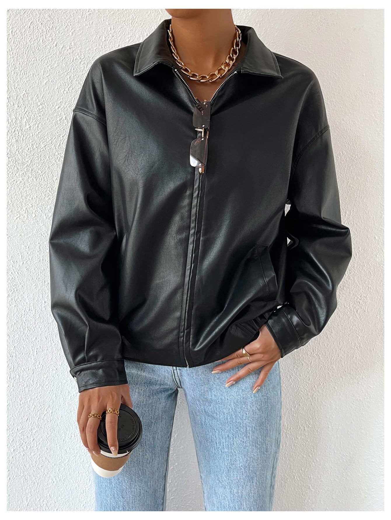 MakeMeChic Women's Faux Leather Shacket Long Sleeve Zip Up Motorcycle Jacket Biker Coat Zip Black S
