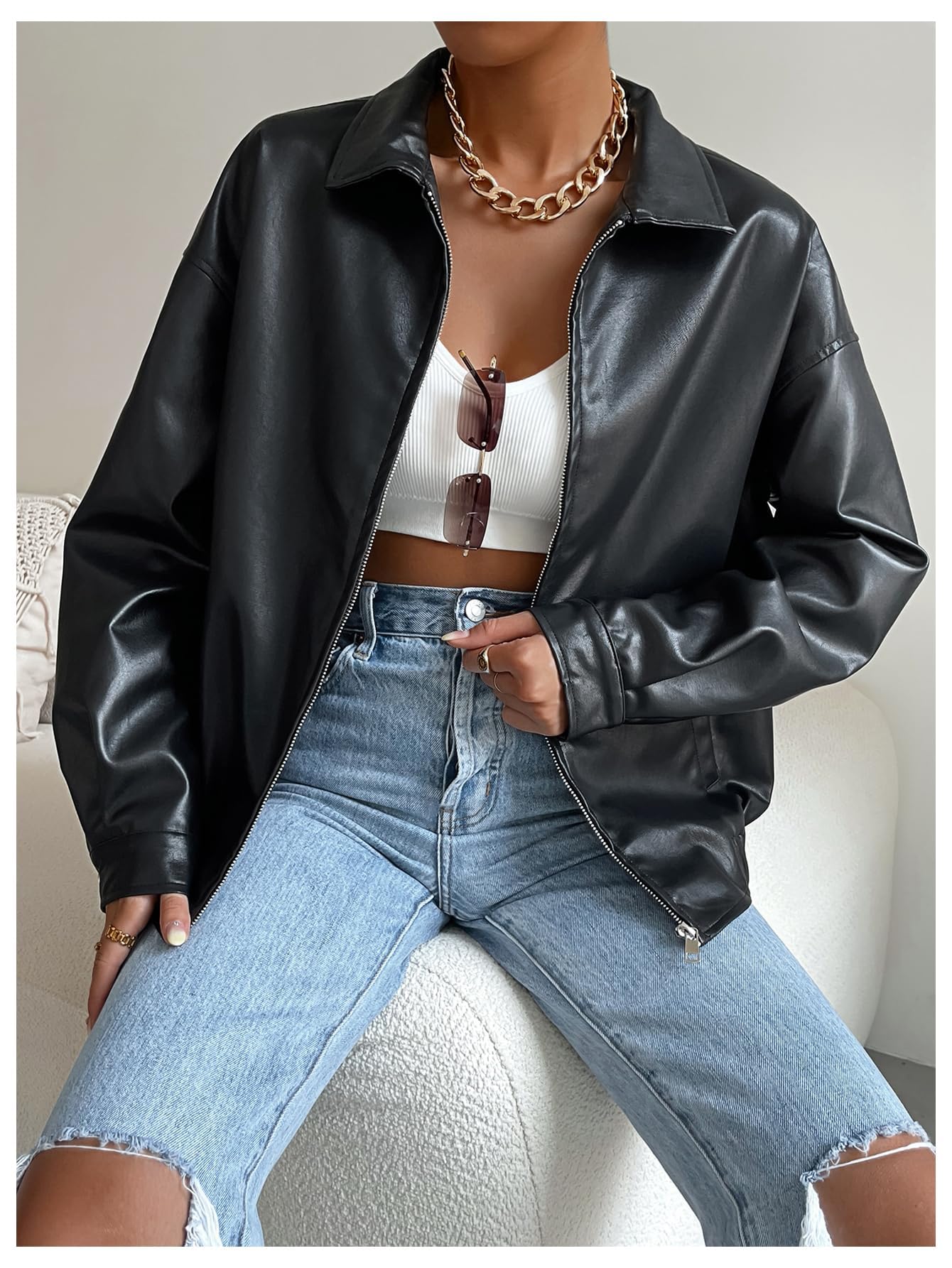 MakeMeChic Women's Faux Leather Shacket Long Sleeve Zip Up Motorcycle Jacket Biker Coat Zip Black S