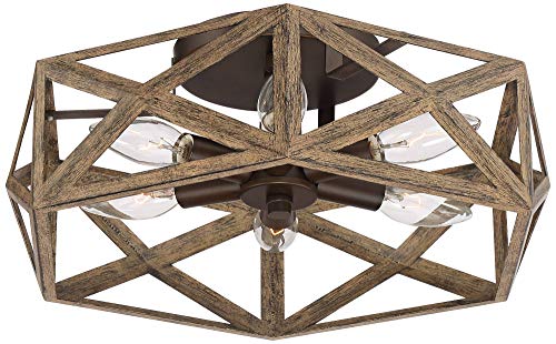 Possini Euro Design Moorcroft Rustic Farmhouse Ceiling Light Semi Flush-Mount Fixture 14 1/2" Wide Dark Wood Oil Rubbed Bronze 6-Light Open Hexagon Frame for Bedroom Kitchen Living Room Hallway