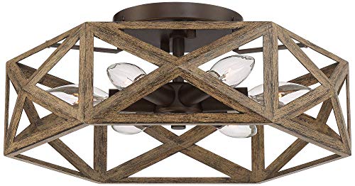 Possini Euro Design Moorcroft Rustic Farmhouse Ceiling Light Semi Flush-Mount Fixture 14 1/2" Wide Dark Wood Oil Rubbed Bronze 6-Light Open Hexagon Frame for Bedroom Kitchen Living Room Hallway