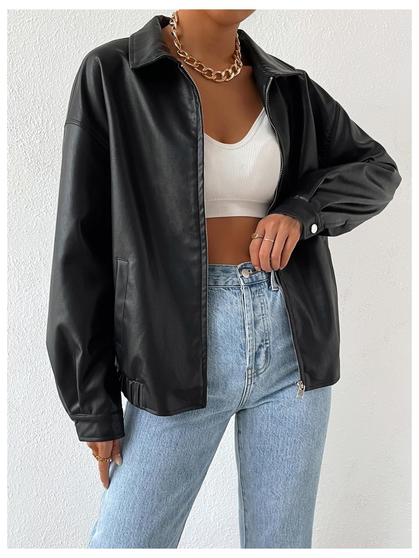 MakeMeChic Women's Faux Leather Shacket Long Sleeve Zip Up Motorcycle Jacket Biker Coat Zip Black S