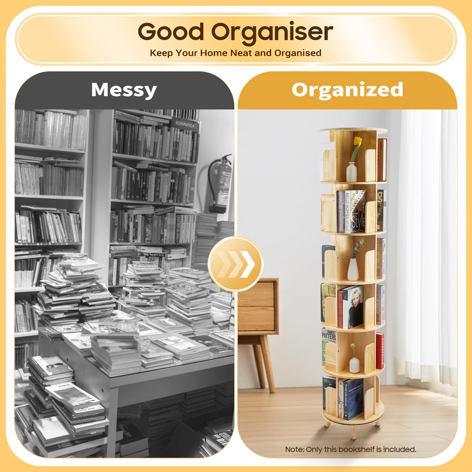BILPIKOGoo 6 Tier Rotating Bookshelf, 360° Revolving Bookcase Rotating Stackable Shelves Floor Standing Bookcase Storage Rack for Kids&Adults Multi-Functional Bookshelf Organizer
