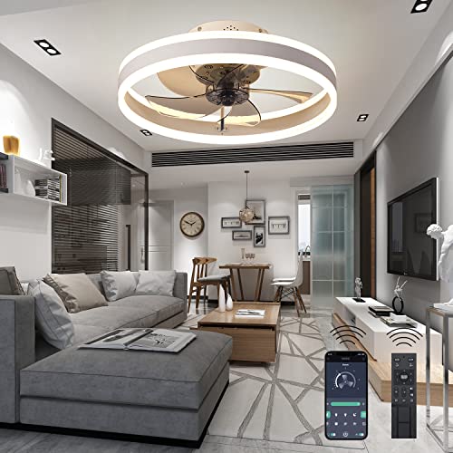 Apgooface Dimmable Low Profile Flush Mount Ceiling Fan with Light, APP & Remote Control Enclosed Ceiling Fan, 3-Color Smart Bladeless Ceiling Fan Lights for Bedroom, Living Room