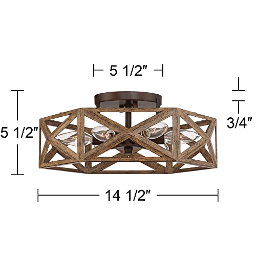 Possini Euro Design Moorcroft Rustic Farmhouse Ceiling Light Semi Flush-Mount Fixture 14 1/2" Wide Dark Wood Oil Rubbed Bronze 6-Light Open Hexagon Frame for Bedroom Kitchen Living Room Hallway