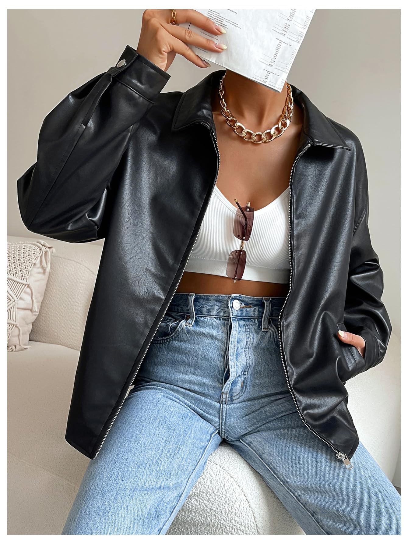 MakeMeChic Women's Faux Leather Shacket Long Sleeve Zip Up Motorcycle Jacket Biker Coat Zip Black S