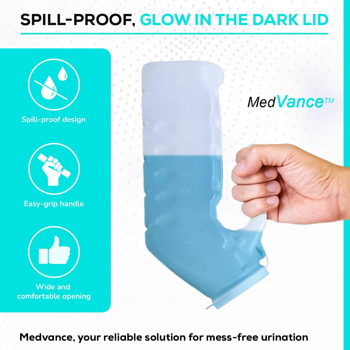 MedVance- Urinals for Men 1000ml with Glow in The Dark Spill Proof Pop Cap Lid, Plastic Pee Bottles for Men, Male Urinals, Pee Container Men, Portable Urinal for Car, Elderly & Incontinence (2 Pack)