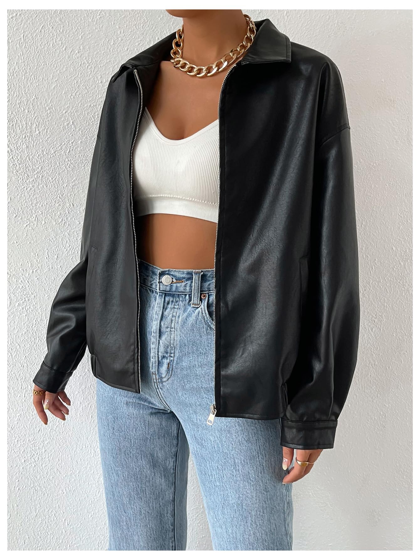MakeMeChic Women's Faux Leather Shacket Long Sleeve Zip Up Motorcycle Jacket Biker Coat Zip Black S