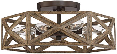 Possini Euro Design Moorcroft Rustic Farmhouse Ceiling Light Semi Flush-Mount Fixture 14 1/2" Wide Dark Wood Oil Rubbed Bronze 6-Light Open Hexagon Frame for Bedroom Kitchen Living Room Hallway