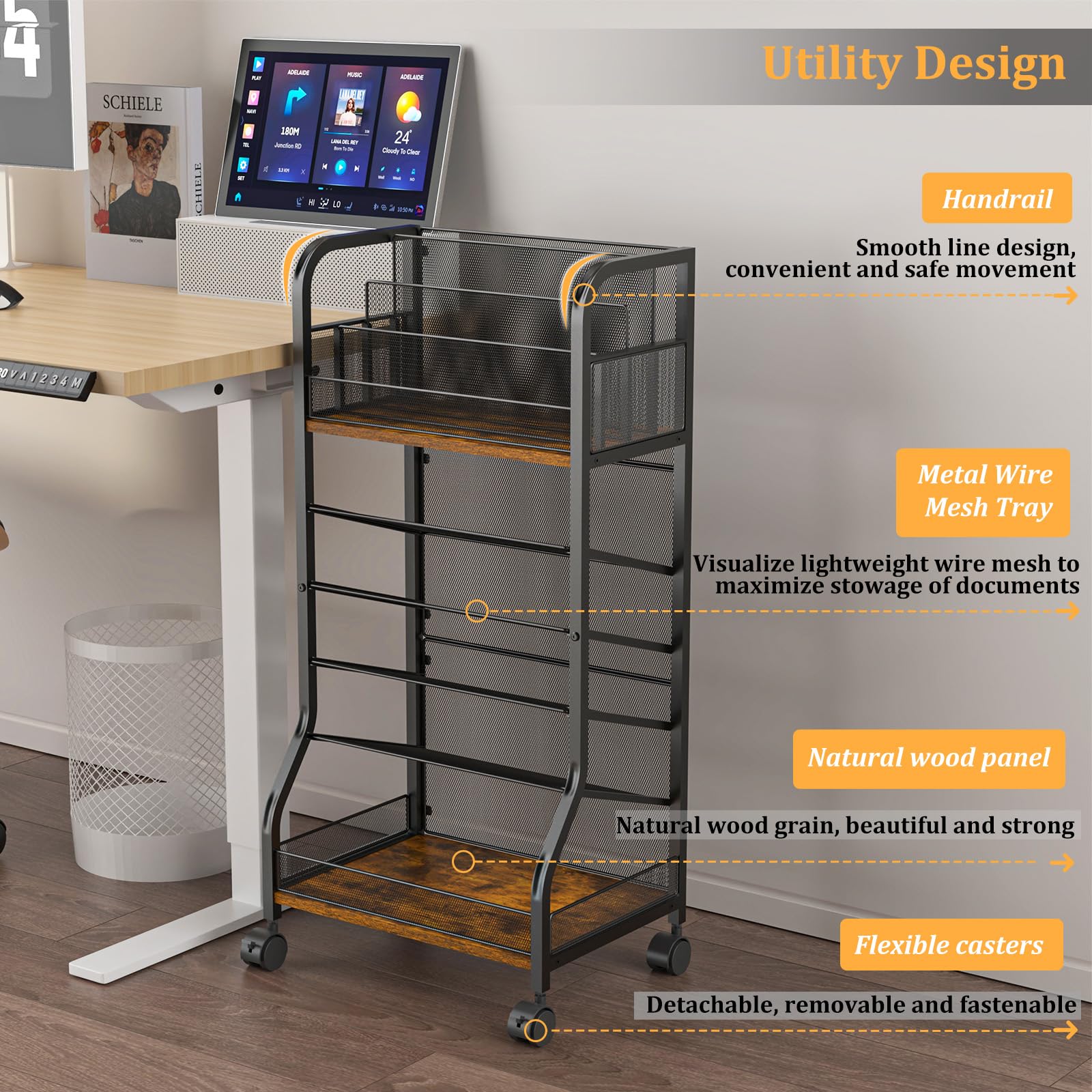 Rolling File Cart 6 Tier File Organizer Cart,Wood and Mesh Design with Detachable Wheels Removable Trays,Rolling Office Cart Homeschool Organization,Paper Organizer Desk Beside Mobile Bookshelf