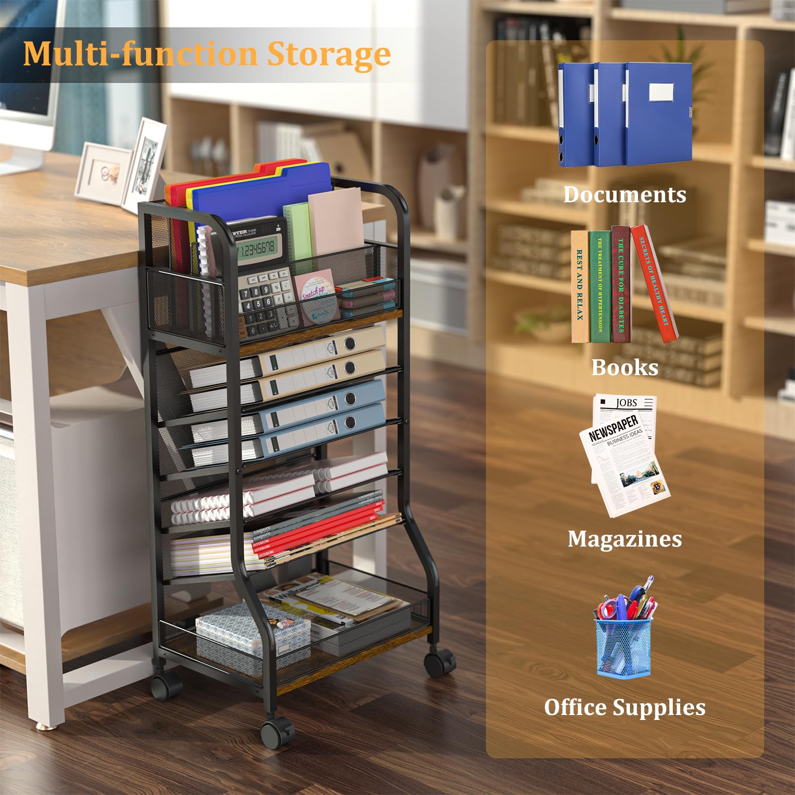 Rolling File Cart 6 Tier File Organizer Cart,Wood and Mesh Design with Detachable Wheels Removable Trays,Rolling Office Cart Homeschool Organization,Paper Organizer Desk Beside Mobile Bookshelf