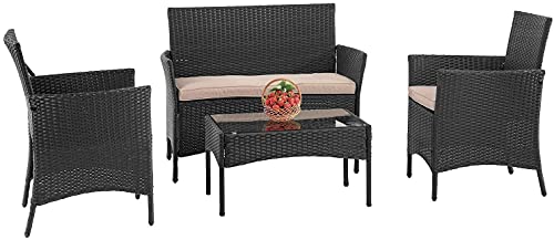 FDW Patio Furniture 4 Pieces Outdoor Indoor Use Rattan Chairs Wicker Patio Loveseats Conversation Sets with Table and Beige Cushions for Backyard Lawn Porch Garden Balcony,Black