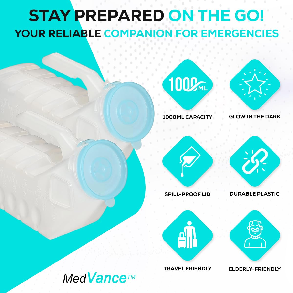 MedVance- Urinals for Men 1000ml with Glow in The Dark Spill Proof Pop Cap Lid, Plastic Pee Bottles for Men, Male Urinals, Pee Container Men, Portable Urinal for Car, Elderly & Incontinence (2 Pack)