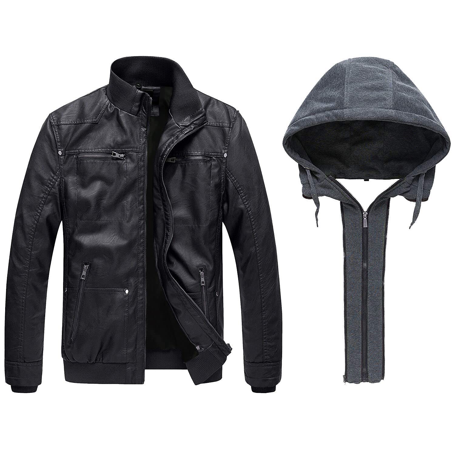 wantdo Men's Spring Faux Leather Jacket with Hood Outdoor Jacket Black Large (Lightweight)