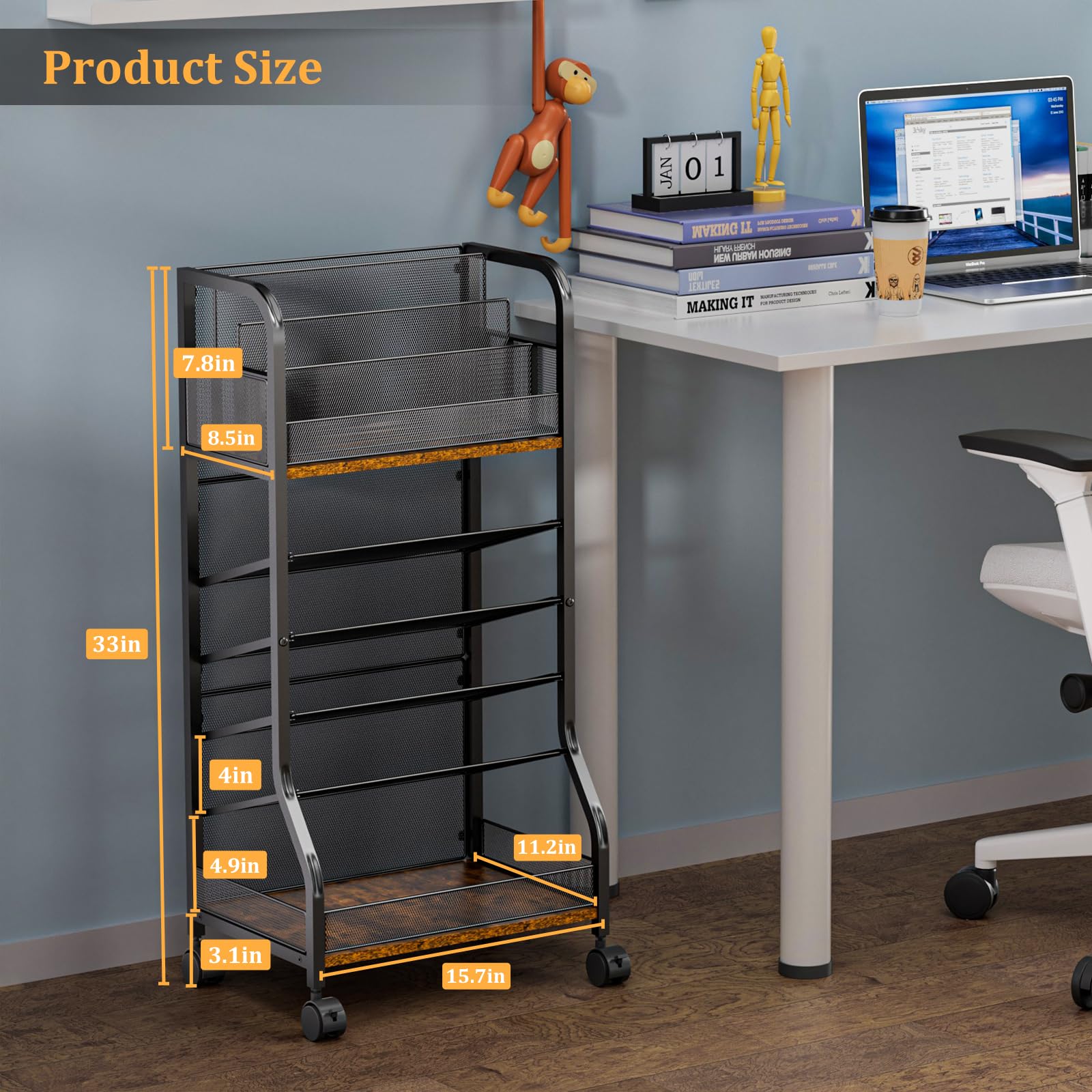 Rolling File Cart 6 Tier File Organizer Cart,Wood and Mesh Design with Detachable Wheels Removable Trays,Rolling Office Cart Homeschool Organization,Paper Organizer Desk Beside Mobile Bookshelf