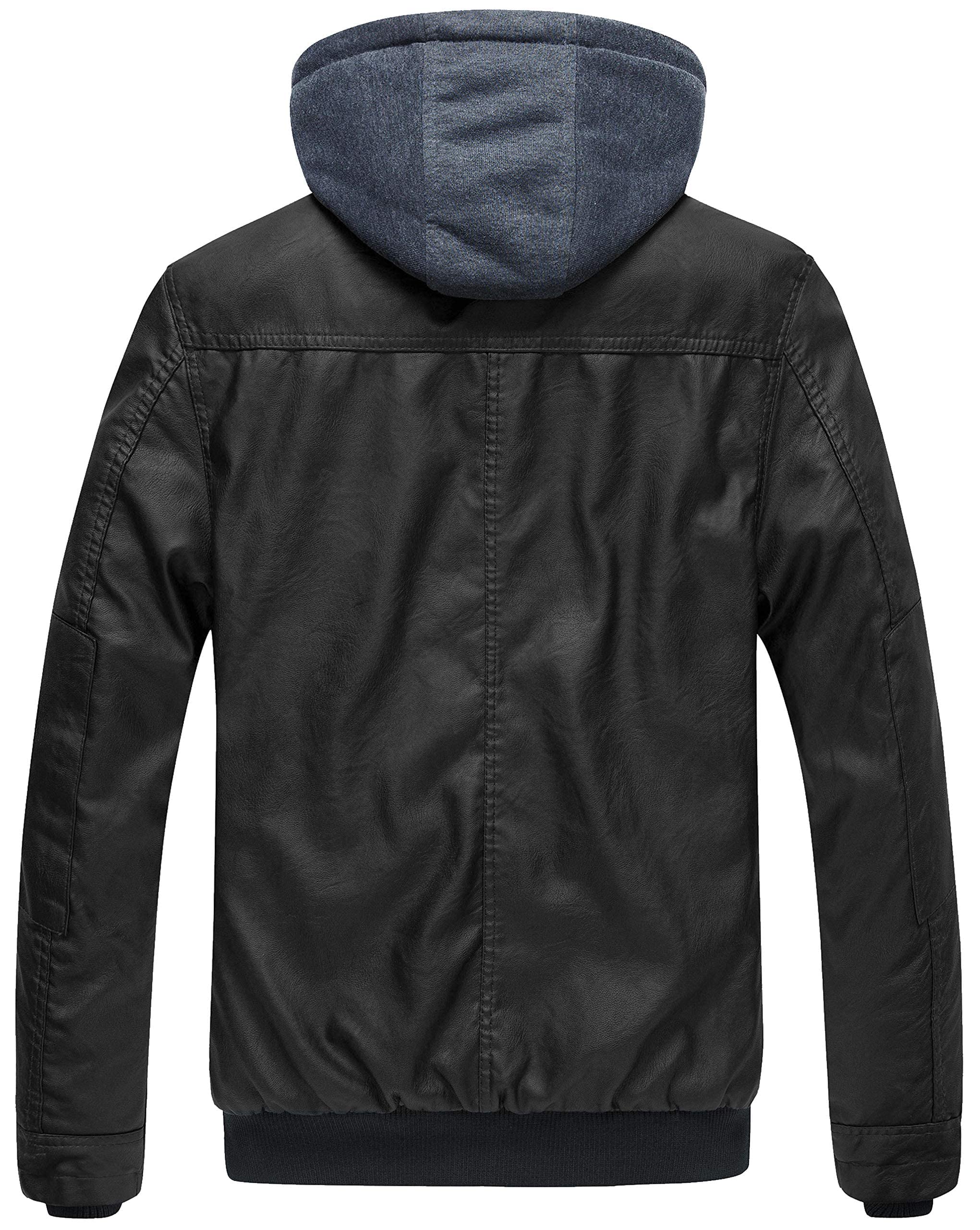 wantdo Men's Spring Faux Leather Jacket with Hood Outdoor Jacket Black Large (Lightweight)