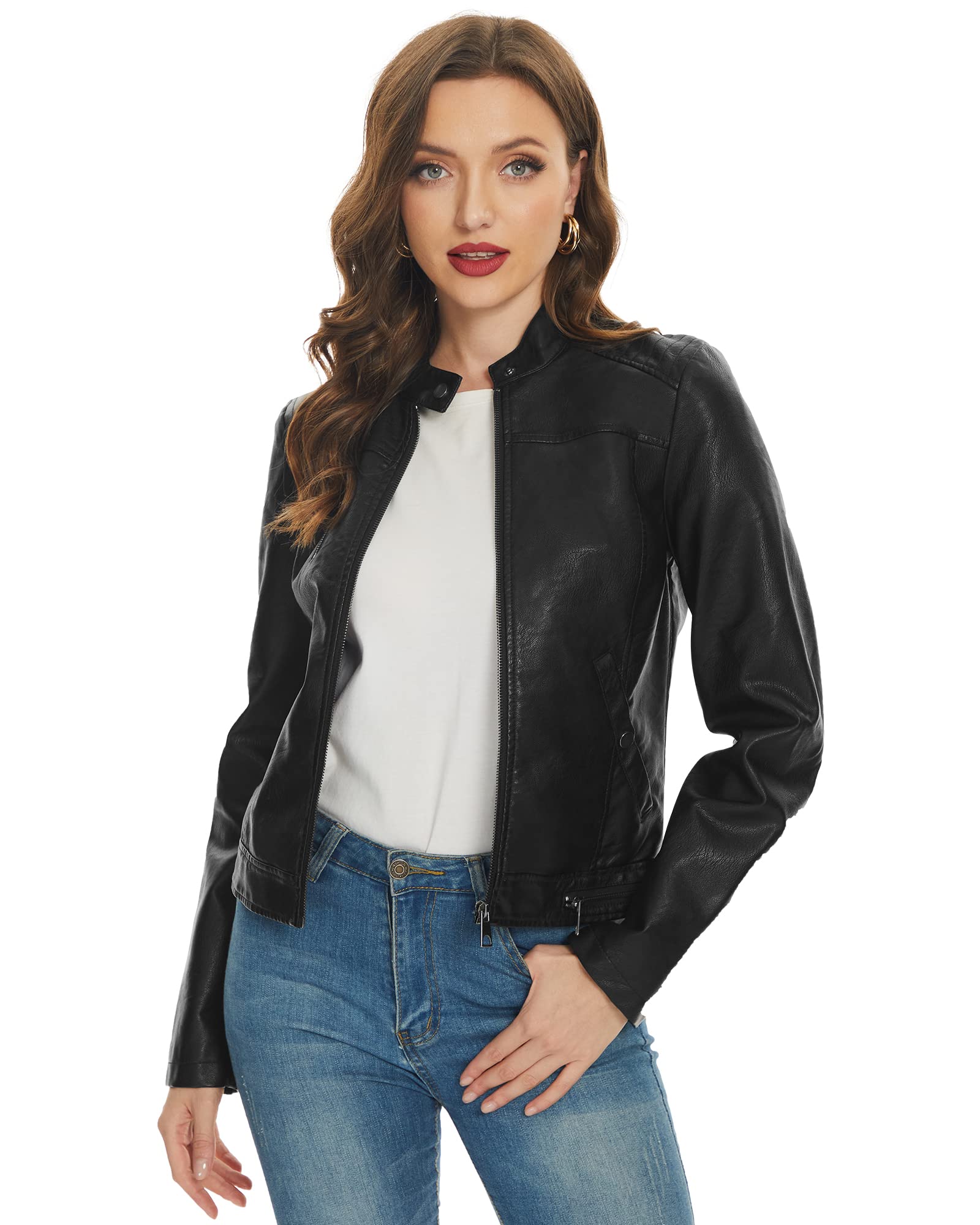Fahsyee Black Faux Leather Jackets for Women Zip Up Motorcycle Short PU Moto Biker Outwear Fitted Slim Coat Size L
