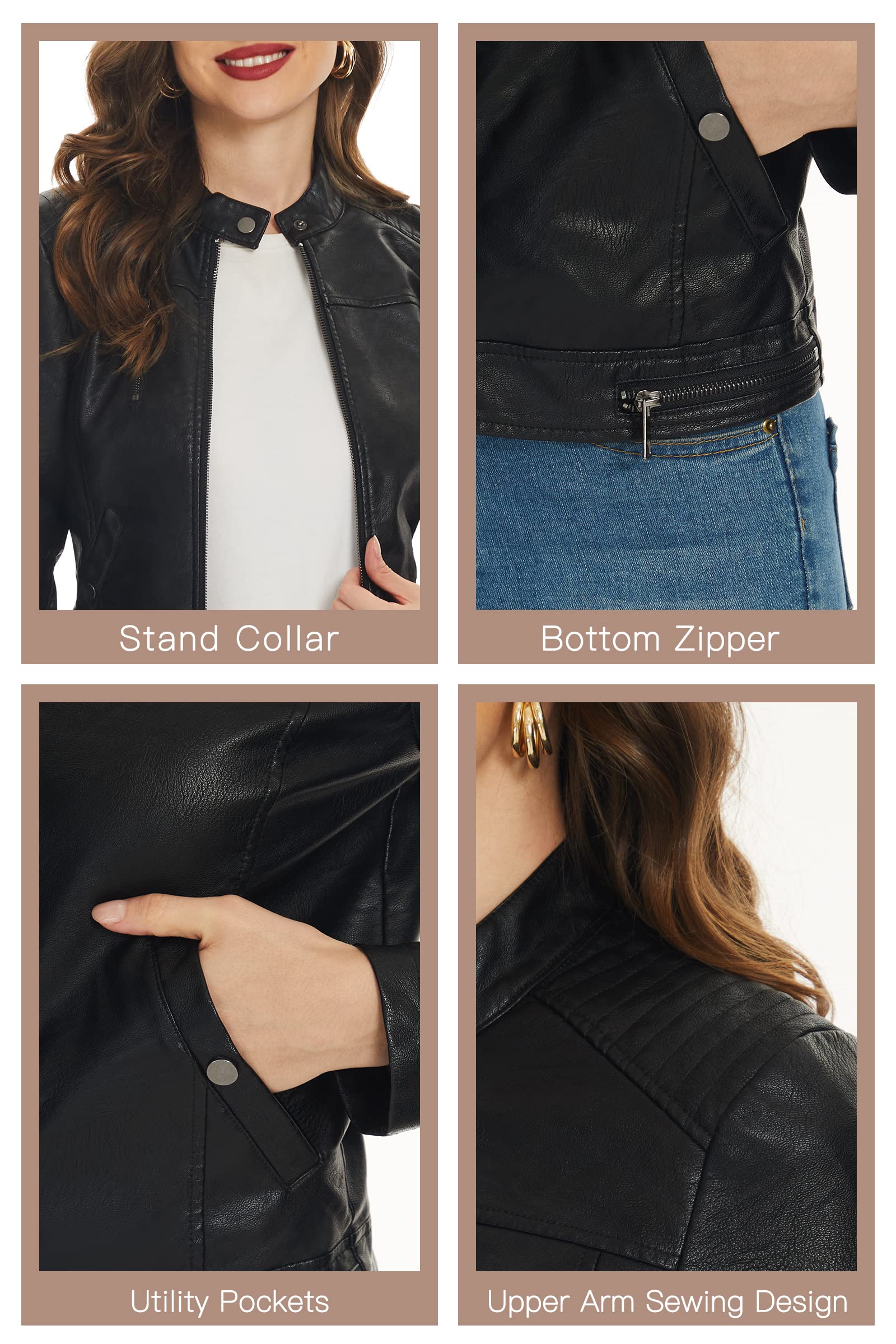 Fahsyee Black Faux Leather Jackets for Women Zip Up Motorcycle Short PU Moto Biker Outwear Fitted Slim Coat Size L