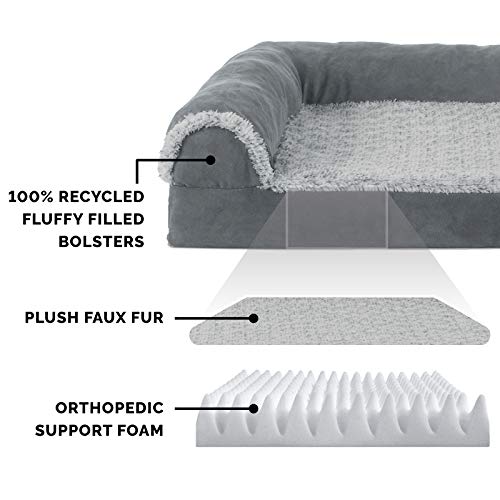Furhaven XL Orthopedic Dog Bed Two-Tone Faux Fur & Suede L Shaped Chaise w/ Removable Washable Cover - Stone Gray, Jumbo (X-Large)