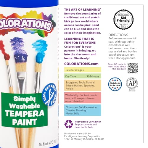 Colorations WSTBL Washable Tempera Paint, 16 fl oz, Blue, Non Toxic, Vibrant, Bold, Kids Paint, Craft, Hobby, Fun, Art Supplies