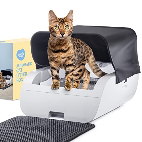 New Upgraded Smart Automatic Cat Litter Box - Self Cleaning Cat Litter Box with Built in Odor Eliminator - Works with Clumping Cat Litter - Large Cat Litter Box with Hood & Litter Mat.