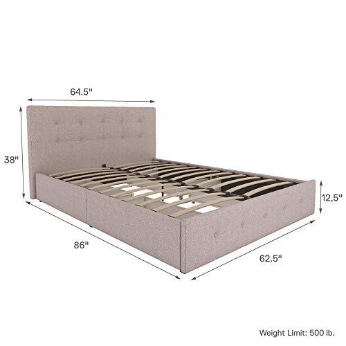 DHP Rose Upholstered Platform Bed with Underbed Storage Drawers and Button Tufted Headboard and Footboard, No Box Spring Needed, Queen, Gray Linen