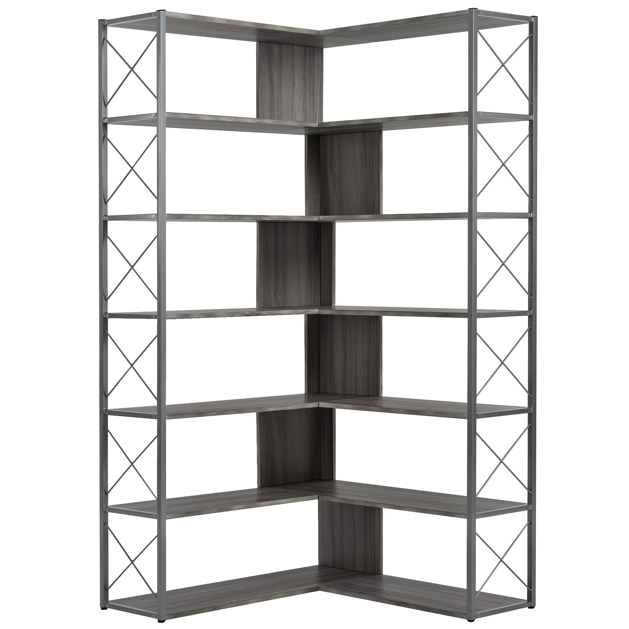 SHMAO 6-Tier Corner Bookshelf, L Shaped Bookshelves, Large Modern Tall Corner Bookcase, Industrial Standing Storage Open Display Rack Bookshelf, Rustic Bookcase for Home Office, Living Room(Grey)