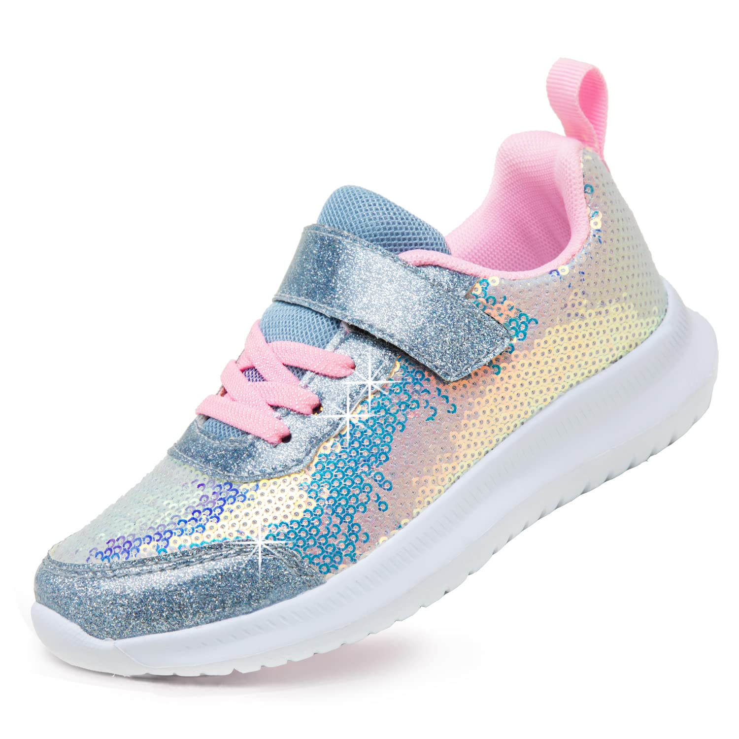 Toandon Little Girls Kids Sneakers Sequins Shoes Breathable Lightweight Elastic Band Athletic Sport Running Walking Fashion Child Strap Non Slip Hook and Loop Closure Sneakers Pink Blue Size 2