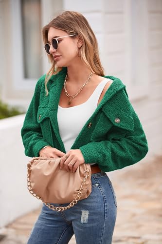 PRETTYGARDEN Womens Fall Clothes Sherpa Shacket Jacket Fuzzy Lapel Button Down Cropped Coat Winter Outerwear (Green,Large)