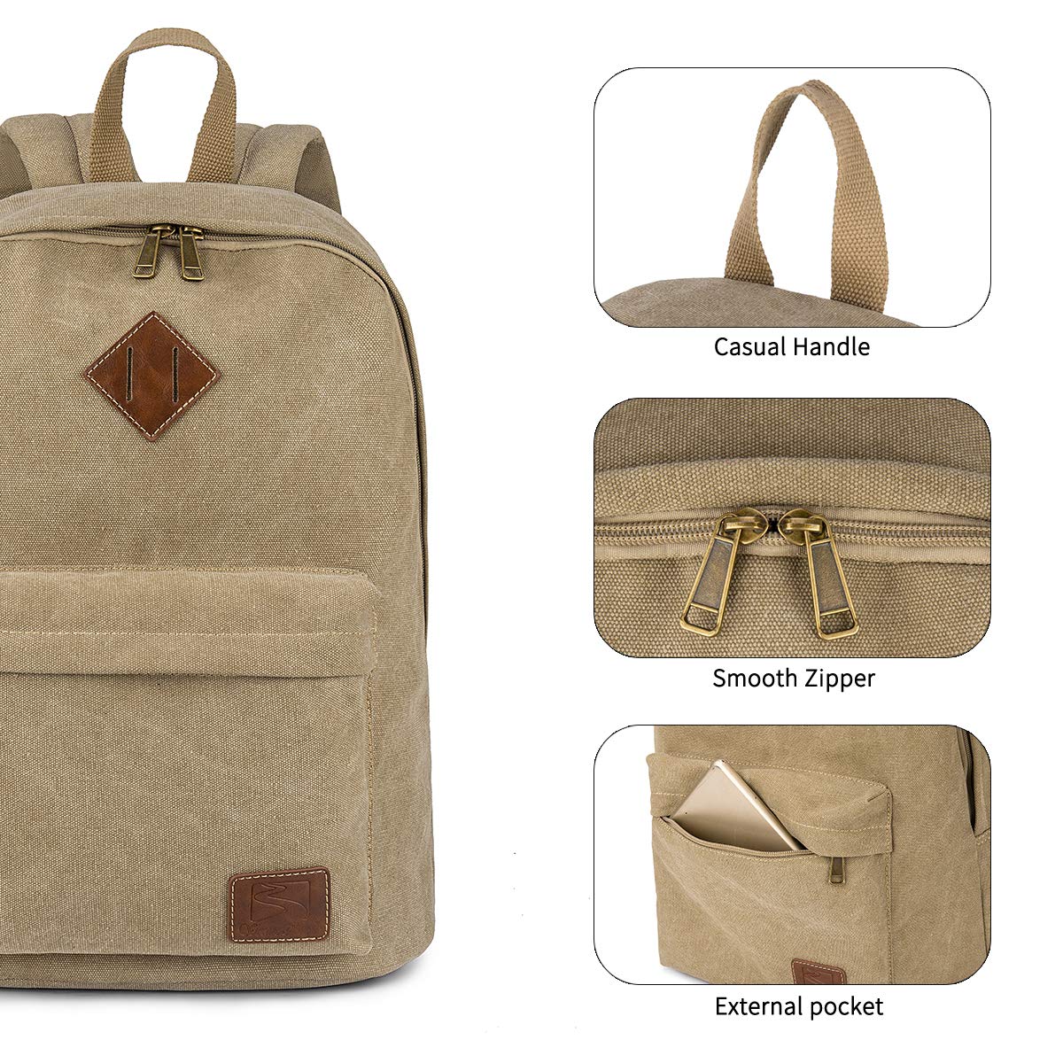 seemeroad Canvas College Laptop Backpack, Durable Rucksack, Travel Bag Fits 15.6 Inch Notebook for Men Women, Khaki