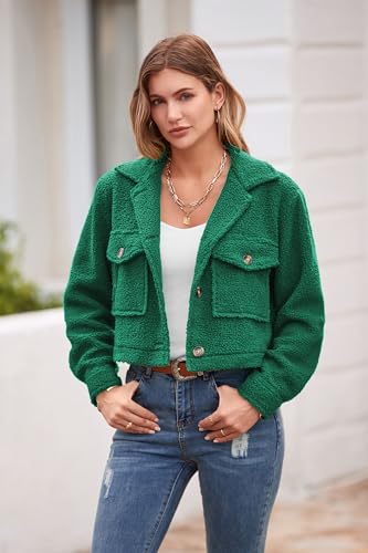 PRETTYGARDEN Womens Fall Clothes Sherpa Shacket Jacket Fuzzy Lapel Button Down Cropped Coat Winter Outerwear (Green,Large)