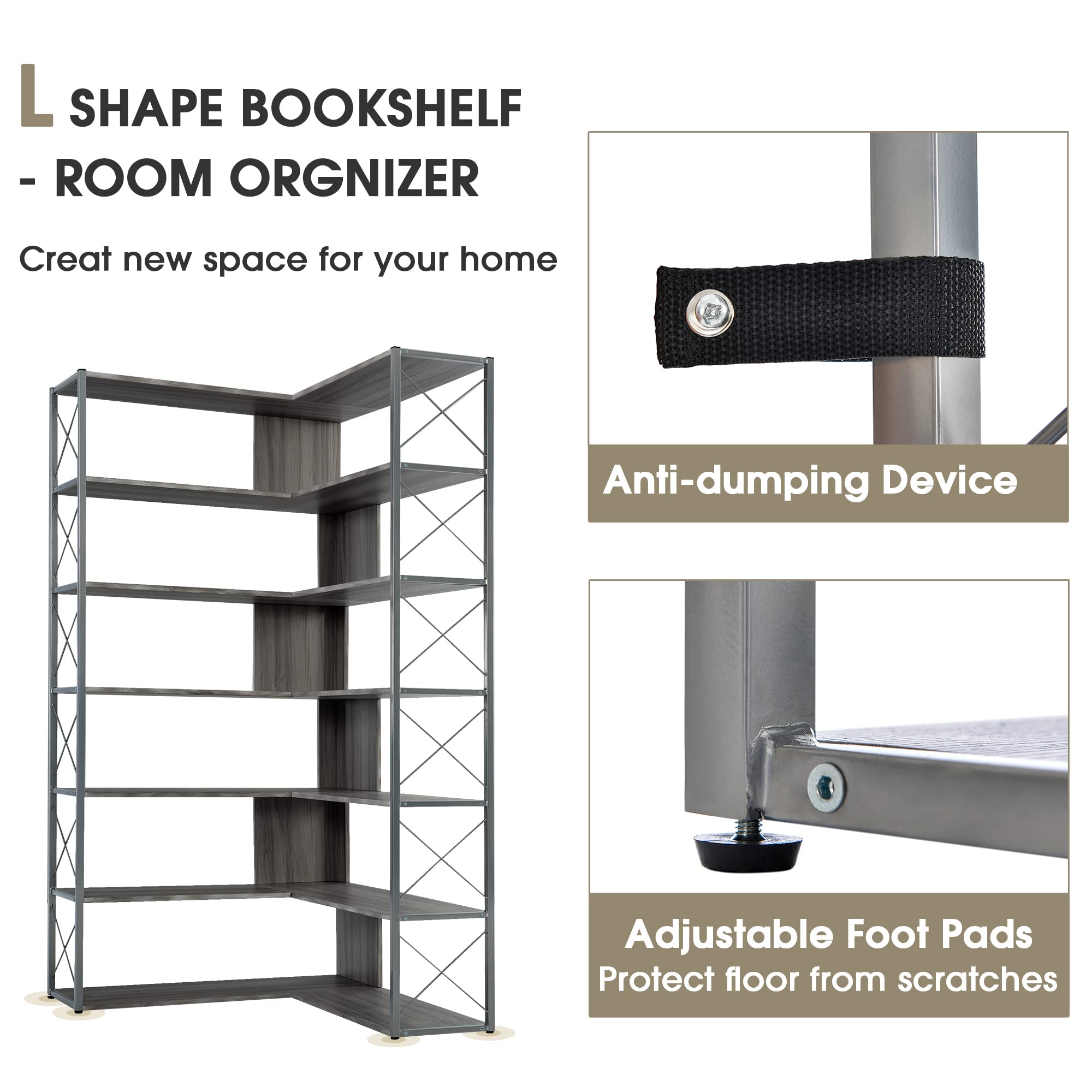 SHMAO 6-Tier Corner Bookshelf, L Shaped Bookshelves, Large Modern Tall Corner Bookcase, Industrial Standing Storage Open Display Rack Bookshelf, Rustic Bookcase for Home Office, Living Room(Grey)