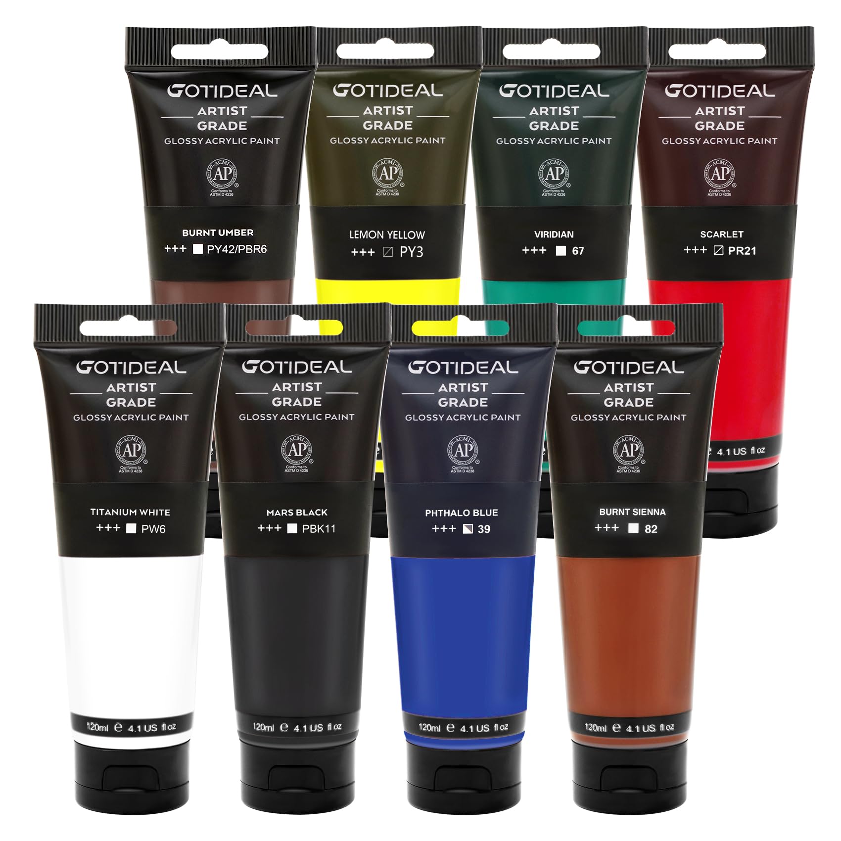 GOTIDEAL Craft Acrylic Paint Set,8 Primary Colors((120ml,4 oz) Rich Pigments Non-Toxic Washable, Professional Paint for Pouring on Canvas, Rocks, Ceramic, Fabric, Leather, Ideal for Artist, Adults