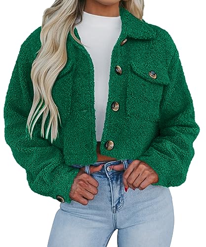 PRETTYGARDEN Womens Fall Clothes Sherpa Shacket Jacket Fuzzy Lapel Button Down Cropped Coat Winter Outerwear (Green,Large)