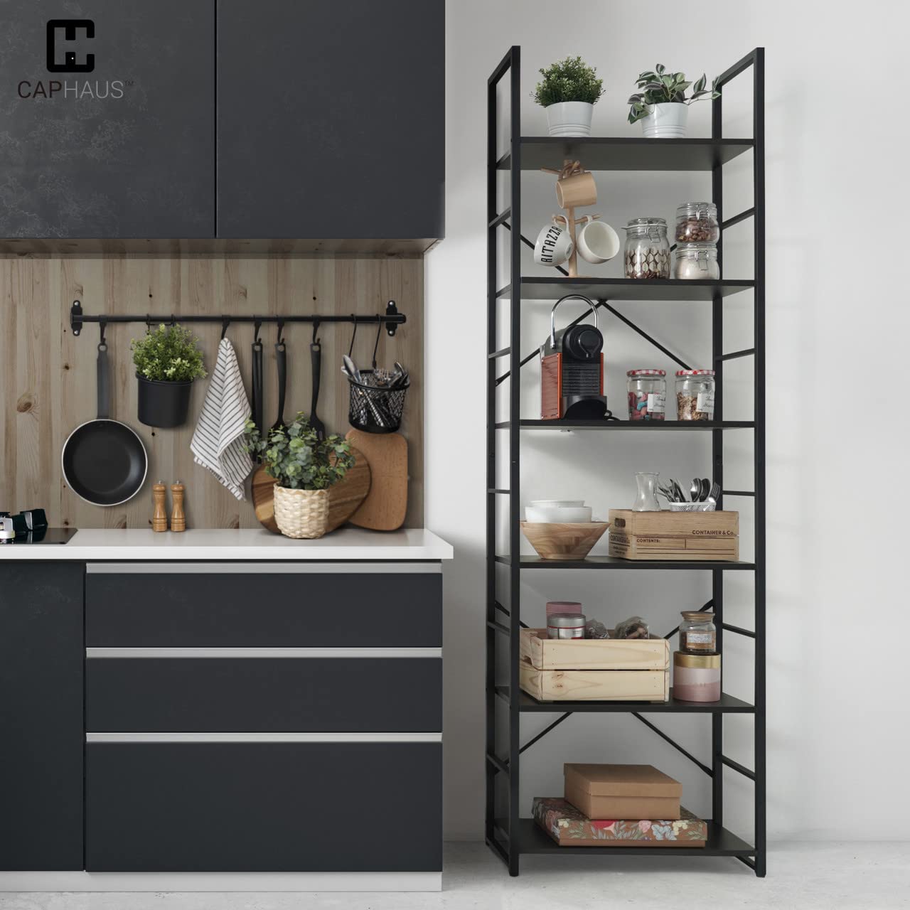 CAPHAUS 6 Tier Bookshelf, 24 Inch Width Free Standing Shelf, Bookcase Shelf Storage Organizer, Industrial Book Shelves for Home Office, Living Room, Kitchen, Black Shelves & Metal Frame
