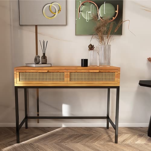 COZAYH Rustic Console Table with 2 Drawers Entryway Hallway Farmhouse Country Style, Cabin-Inspired Natural Finish (Natural Brown)