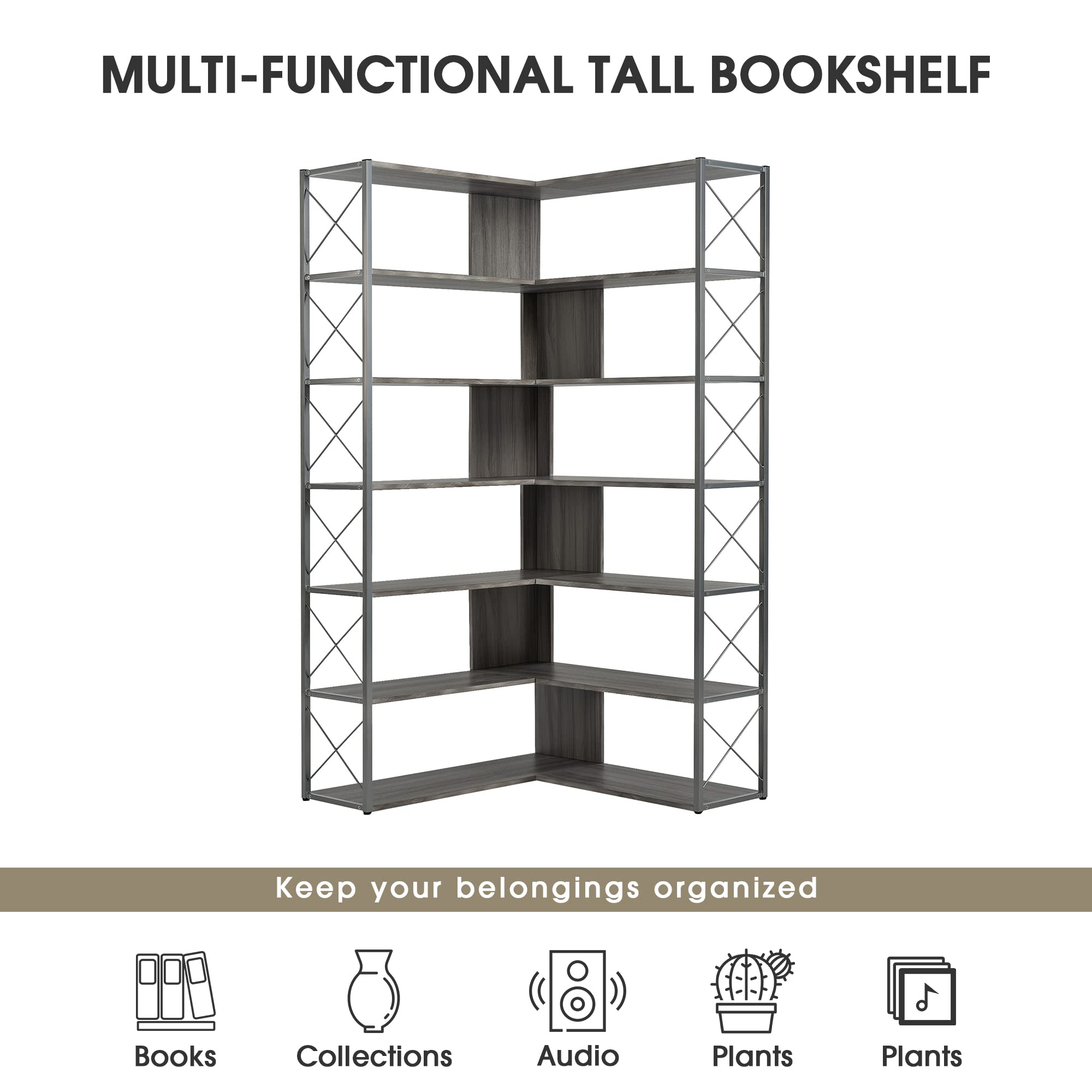 SHMAO 6-Tier Corner Bookshelf, L Shaped Bookshelves, Large Modern Tall Corner Bookcase, Industrial Standing Storage Open Display Rack Bookshelf, Rustic Bookcase for Home Office, Living Room(Grey)