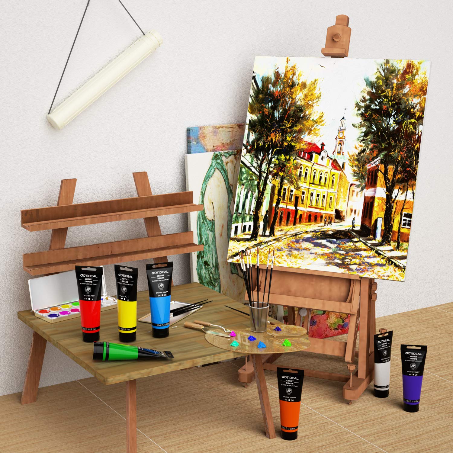 GOTIDEAL Craft Acrylic Paint Set,8 Primary Colors((120ml,4 oz) Rich Pigments Non-Toxic Washable, Professional Paint for Pouring on Canvas, Rocks, Ceramic, Fabric, Leather, Ideal for Artist, Adults