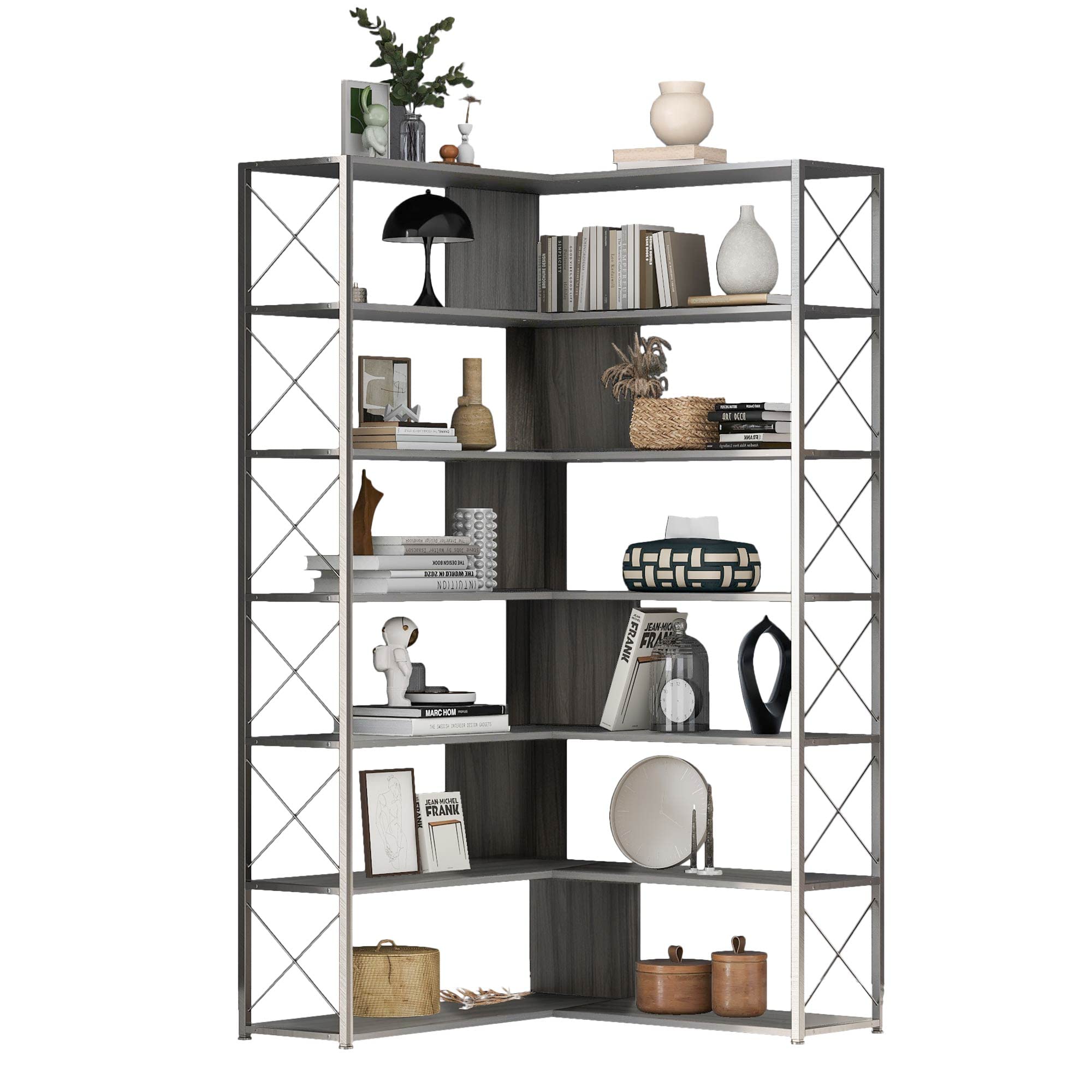 SHMAO 6-Tier Corner Bookshelf, L Shaped Bookshelves, Large Modern Tall Corner Bookcase, Industrial Standing Storage Open Display Rack Bookshelf, Rustic Bookcase for Home Office, Living Room(Grey)