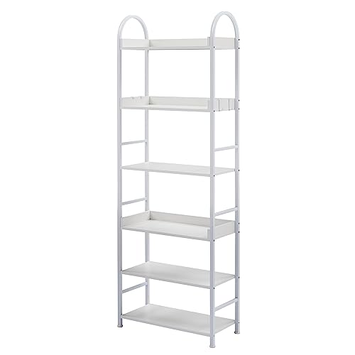 DHAEY 70.8 Inch Tall Bookshelf,6-Tier Bookcase Shelf with Round Top and Hooks,Metal Book Shelf Display Shelf Storage Organizer with MDF Boards & Adjustable Foot Pads for Office Small Space,White