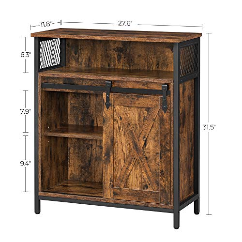 VASAGLE Buffet Cabinet, Sideboard with Open Compartment, Sliding Barn Door, 27.6”L x 11.8”W x 31.5”H, Industrial Rustic Brown and Black ULSC089B01