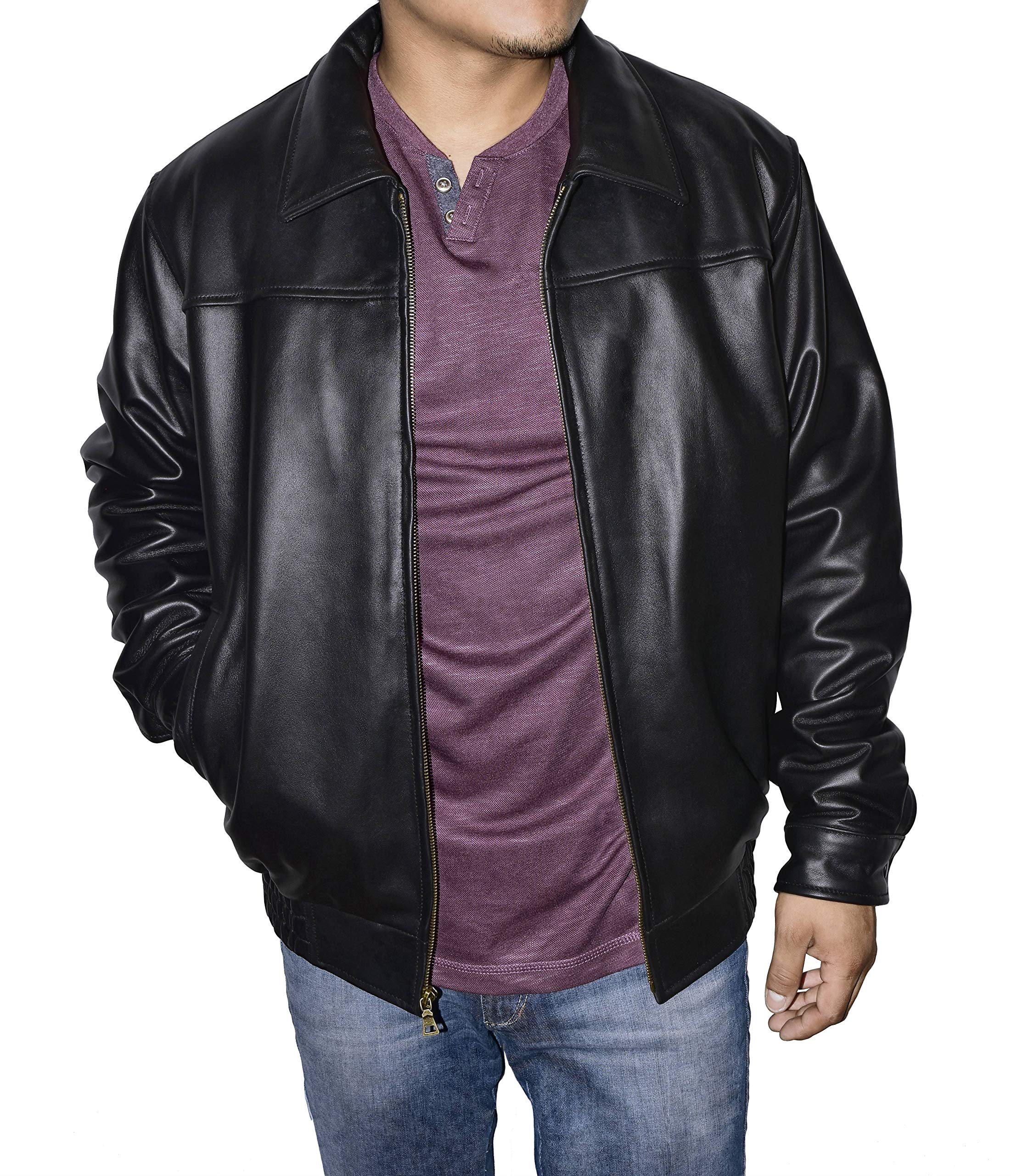 Victory Outfitters Men's Lambskin Genuine Leather Classic Bomber Jacket Mens Leather coat with Zip Out Liner - Black - XXL